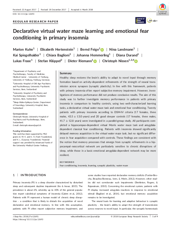 (PDF) Declarative virtual water maze learning and emotional fear conditioning in primary insomnia