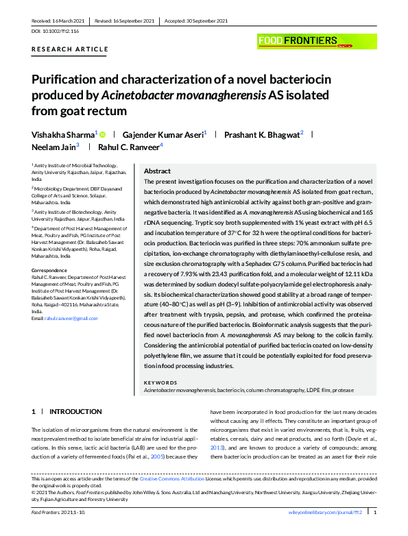 Pdf Purification And Characterization Of A Novel Bacteriocin Produced By Acinetobacter