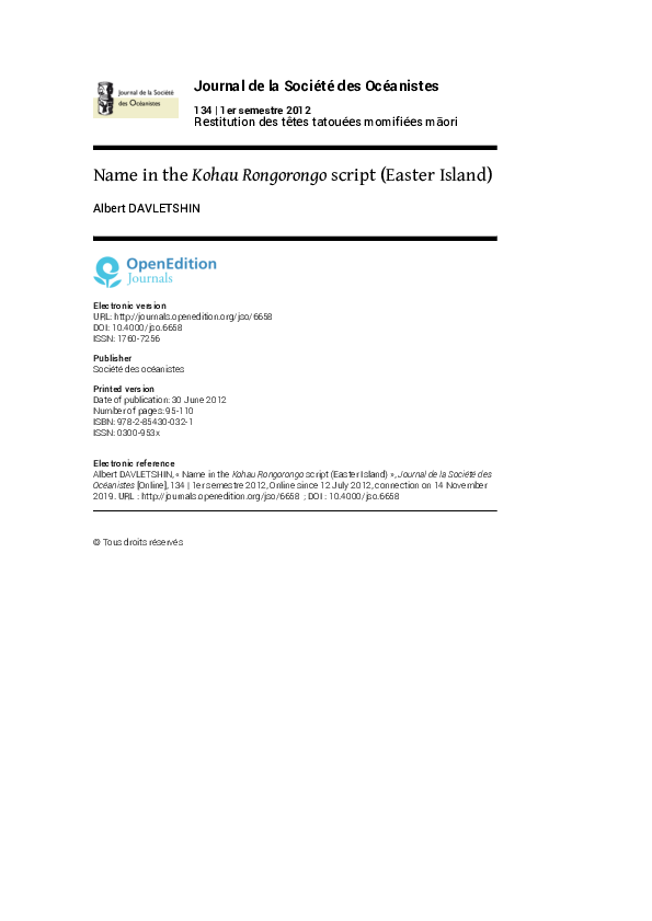 (PDF) Name in the Kohau Rongorongo script (Easter Island)