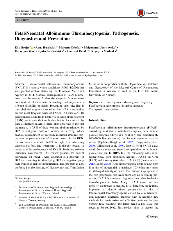 (PDF) Fetal/Neonatal Alloimmune Thrombocytopenia: Pathogenesis ...