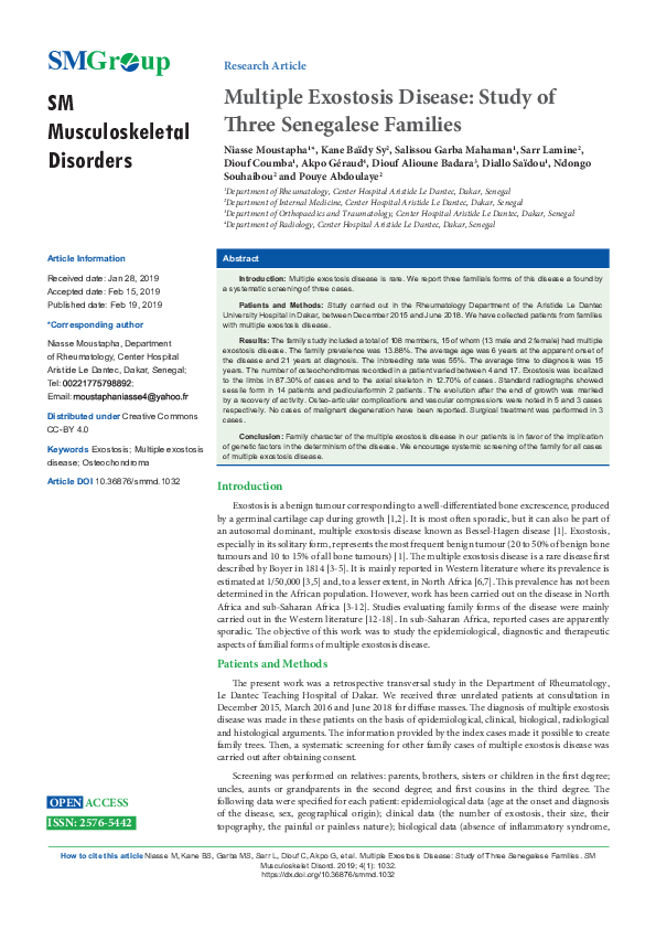 (PDF) Multiple Exostosis Disease: Study of Three Senegalese Families