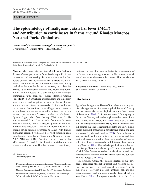 (PDF) The epidemiology of malignant catarrhal fever (MCF) and ...