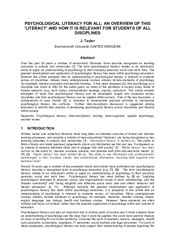 (PDF) Psychological Literacy for All: An Overview of This ‘Literacy ...