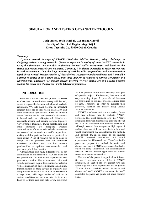 (PDF) Simulation and testing of VANET protocols