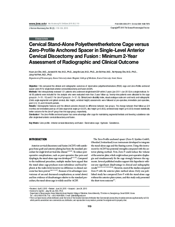 (PDF) Cervical Stand-Alone Polyetheretherketone Cage versus Zero ...