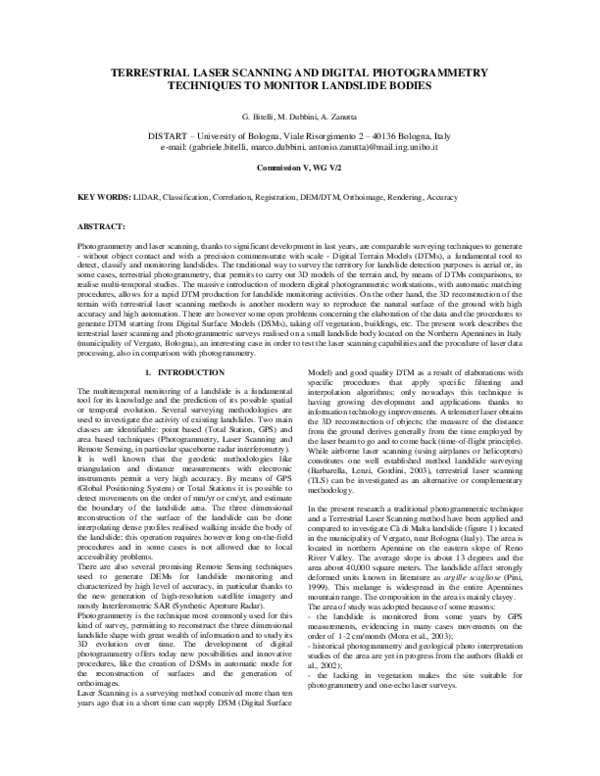 (PDF) Terrestrial Laser Scanning and Digital Photogrammetry Techniques to Monitor Landslide Bodies
