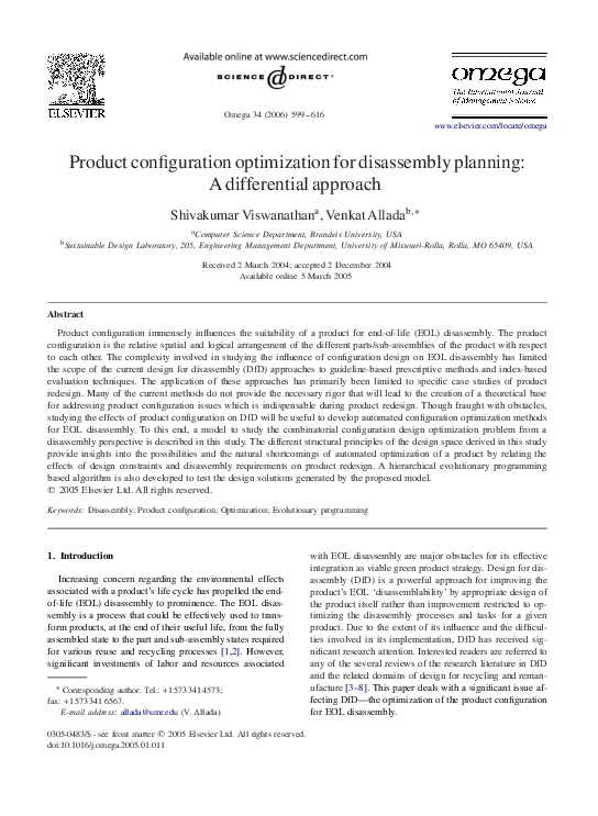 (PDF) Product configuration optimization for disassembly planning: A differential approach