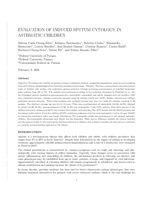 (PDF) Evaluation of Induced Sputum Cytology in Asthmatic Children