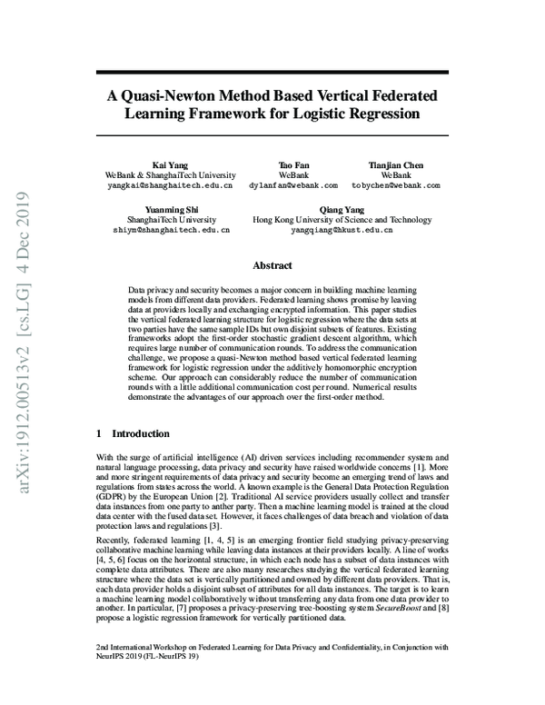 (PDF) A Quasi-Newton Method Based Vertical Federated Learning Framework for Logistic Regression