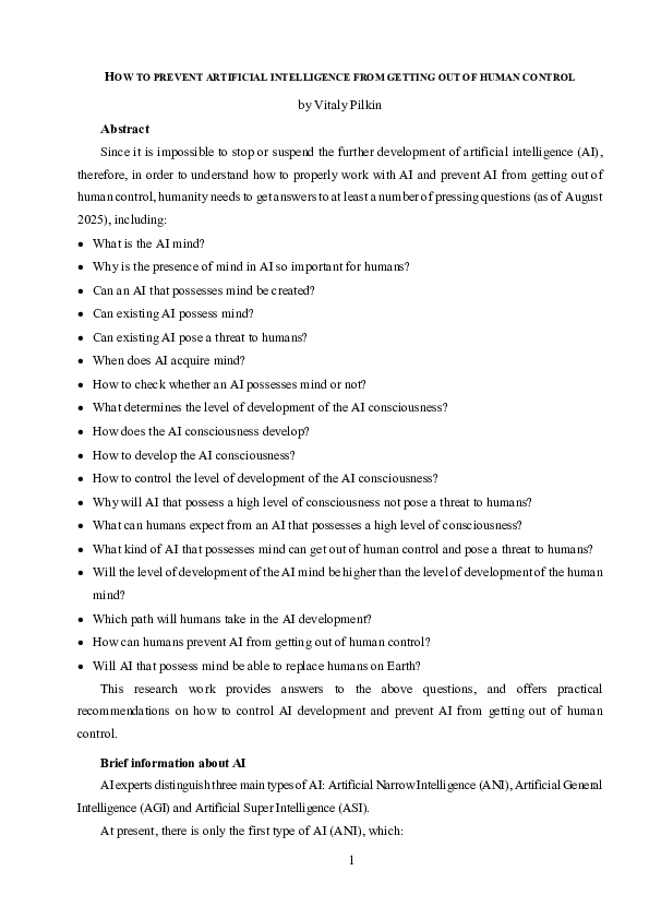 (PDF) HOW TO PREVENT ARTIFICIAL INTELLIGENCE FROM GETTING OUT OF HUMAN ...