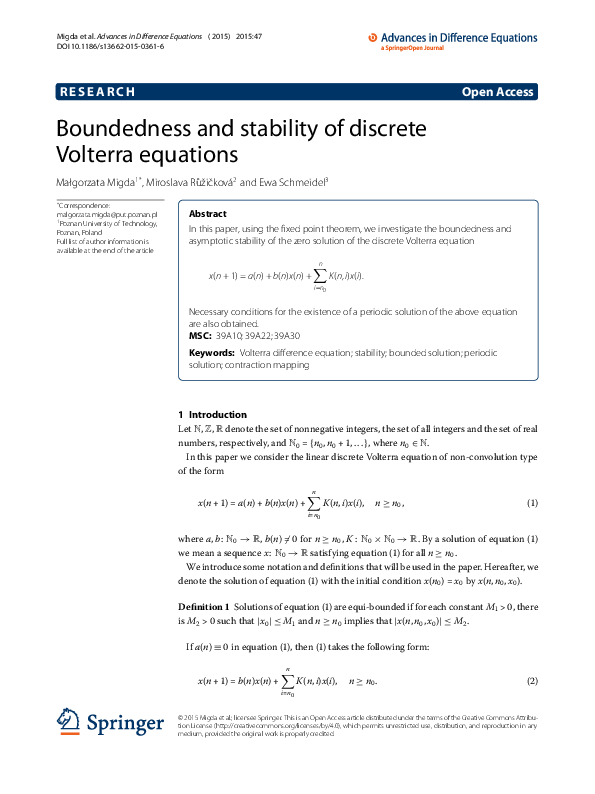 (PDF) Boundedness and stability of discrete Volterra equations