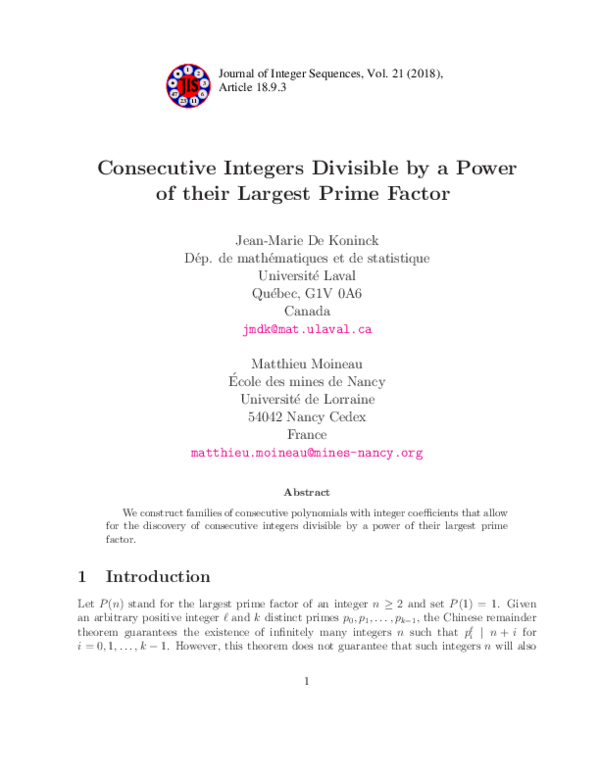 (PDF) Consecutive Integers Divisible by a Power of their Largest Prime Factor