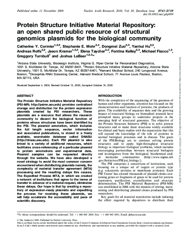 (PDF) Protein Structure Initiative Material Repository: an open shared ...