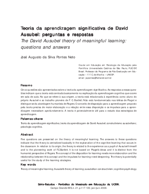 (PDF) Teoria da aprendizagem significativa de David Teoria da ...