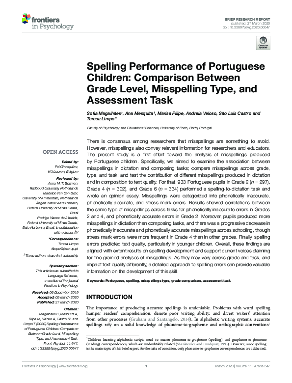 (PDF) Spelling Performance of Portuguese Children: Comparison Between ...