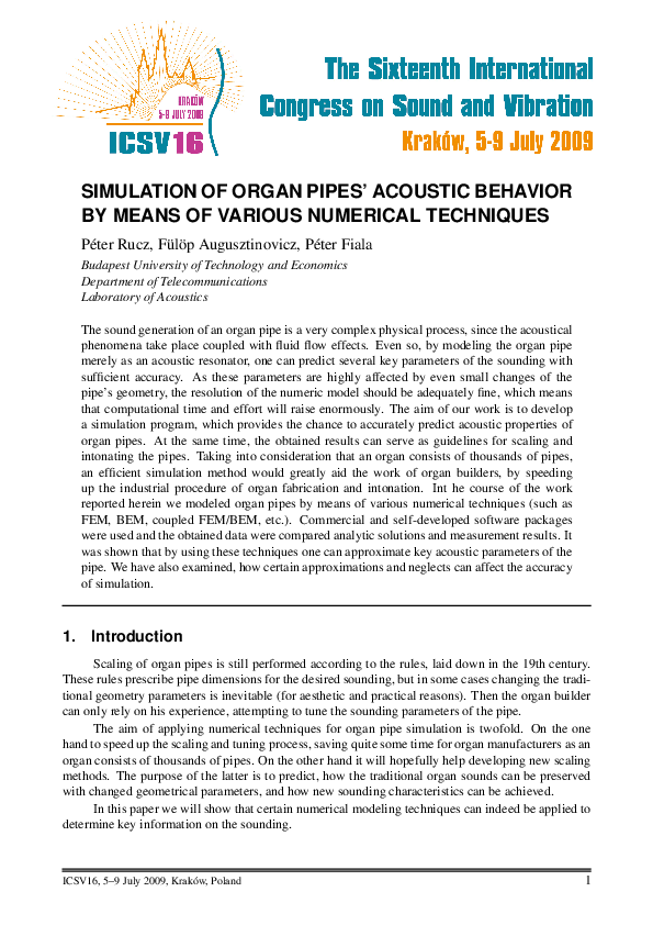 (PDF) Simulation of Organ Pipes'Acoustic Behavior by Means of Various ...