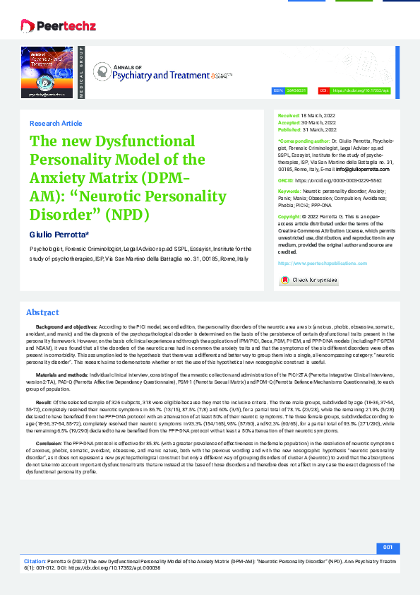 (PDF) The new Dysfunctional Personality Model of the Anxiety Matrix ...