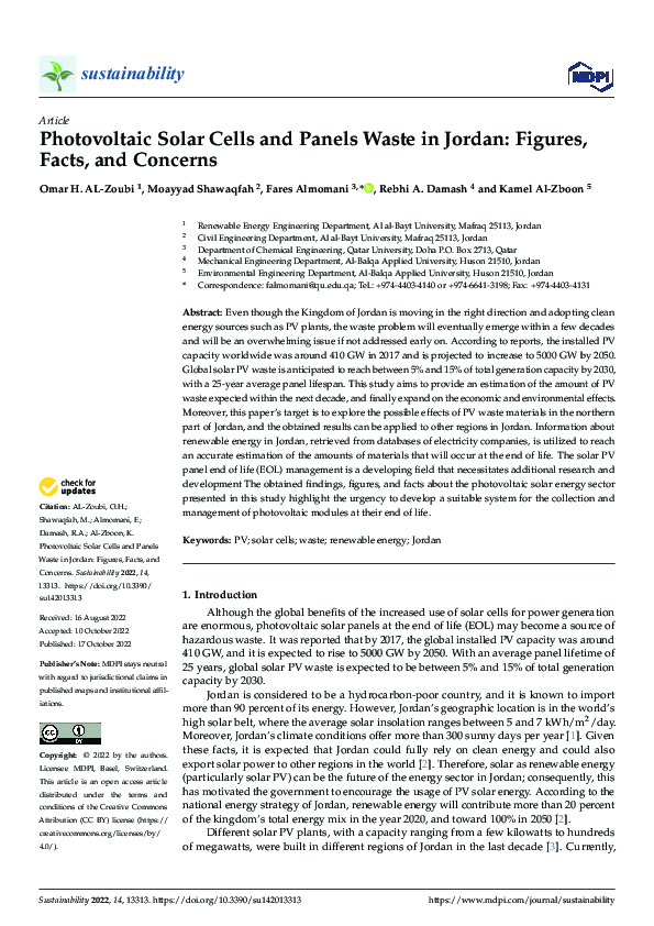 (PDF) Photovoltaic Solar Cells and Panels Waste in Jordan: Figures ...