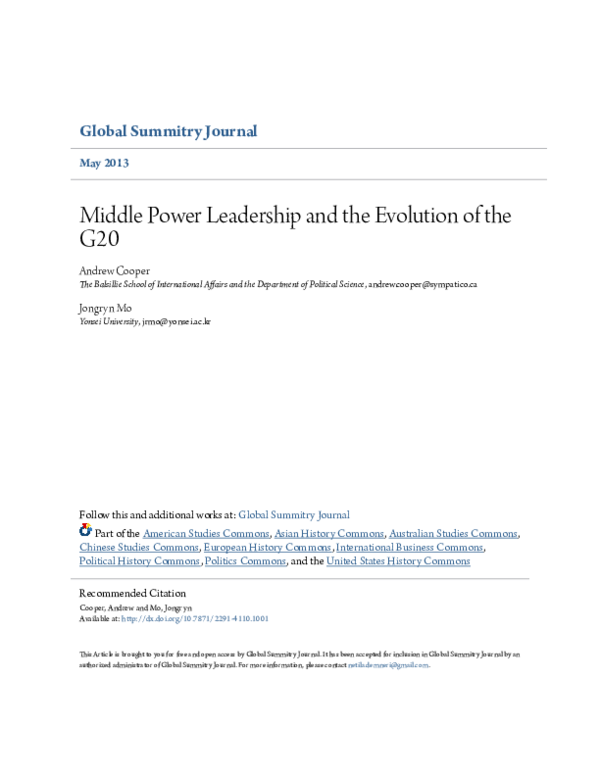 (PDF) Middle Power Leadership and the Evolution of the G20