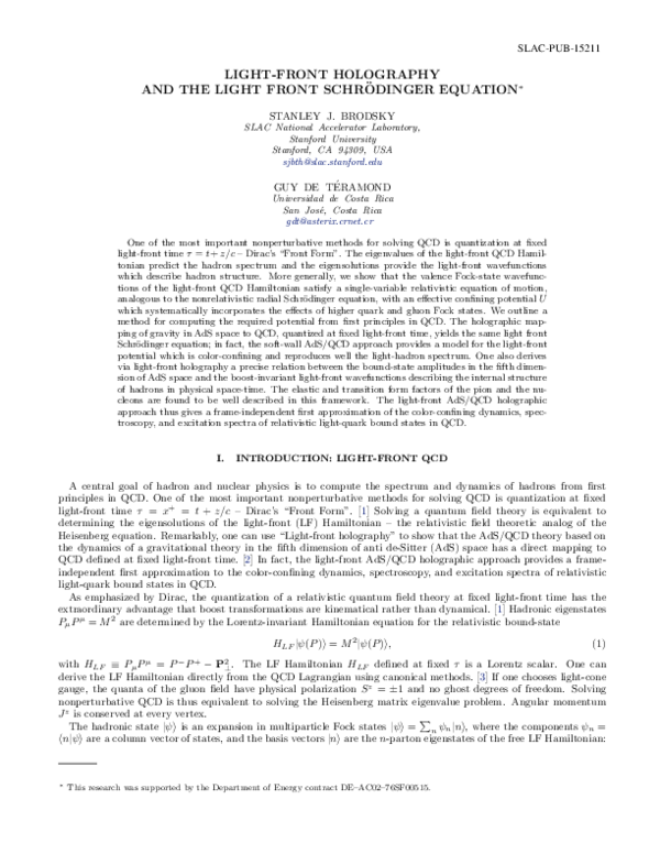 (PDF) Light-Front Holography and the Light-Front Schrodinger Equation