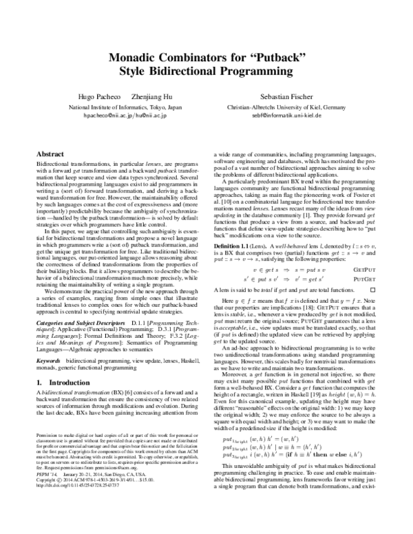 (PDF) Monadic combinators for "Putback" style bidirectional programming