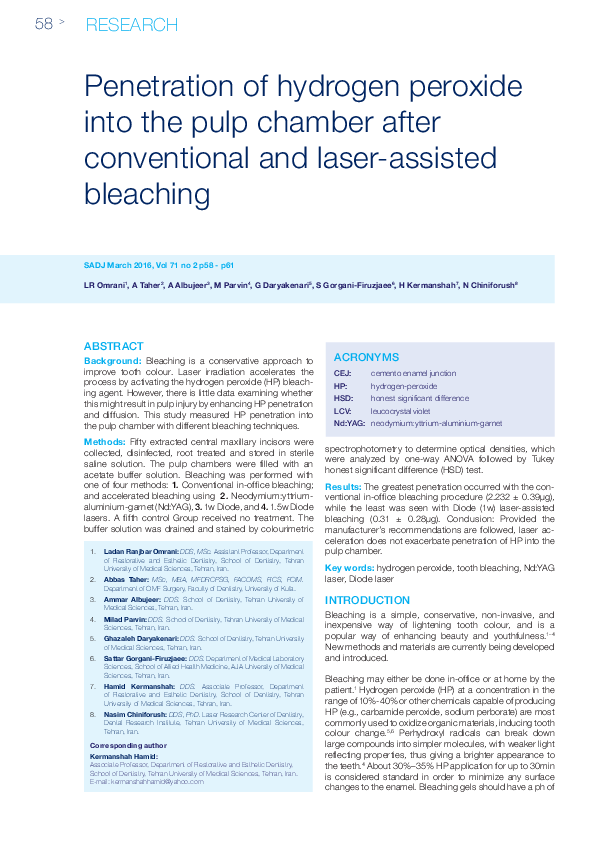 (PDF) Penetration of hydrogen peroxide into the pulp chamber after ...