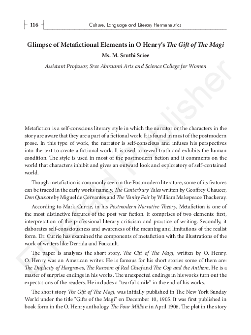 (PDF) Glimpse of Metafictional Elements in O Henry’s The Gift of The Magi
