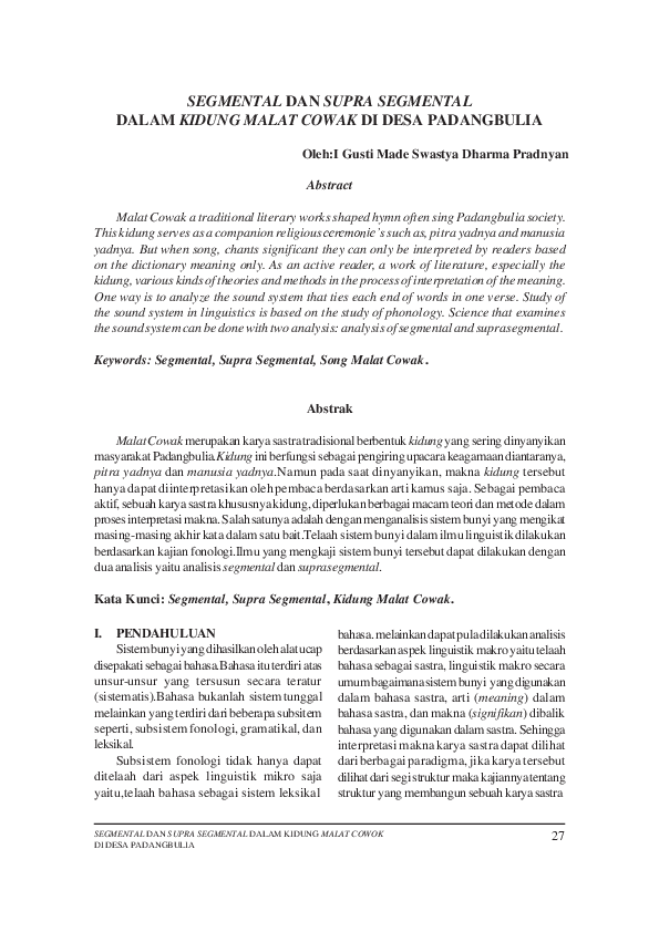 (PDF) Segmental Dan Supra Segmental Dalam Kidung Malat Cowak DI Desa Padangbulia