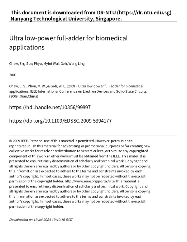 Pdf Ultra Low Power Full Adder For Biomedical Applications