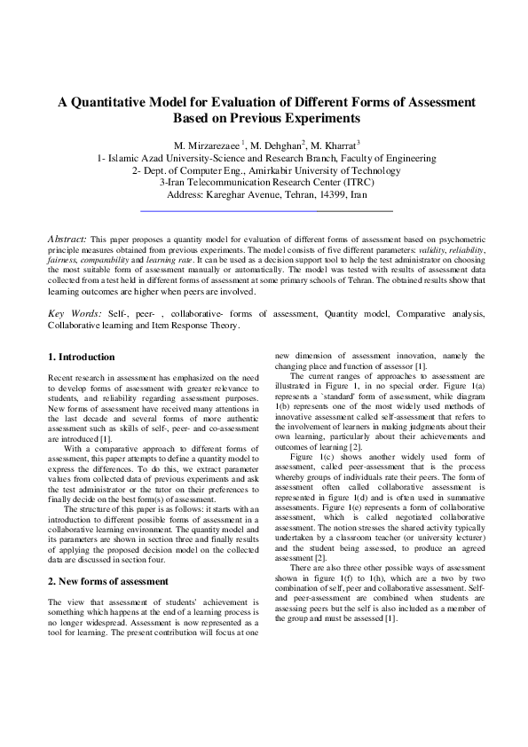 (PDF) A Quantitative Model for Evaluation of Different Forms of Assessment Based on Previous ...