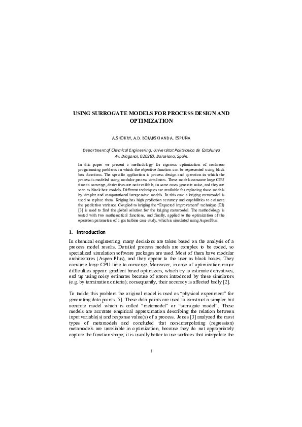 (PDF) Using Surrogate Models for Process Design and Optimization
