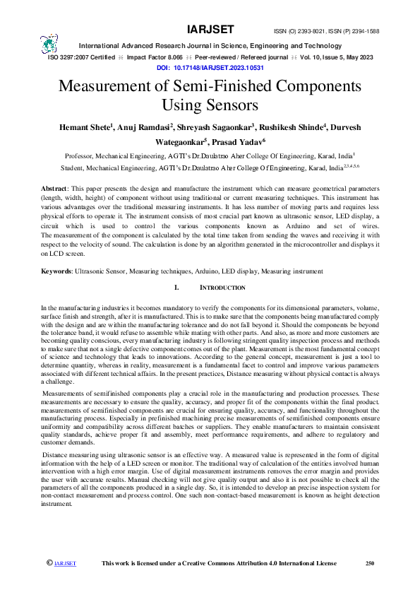 (PDF) Measurement of Semi-Finished Components Using Sensors