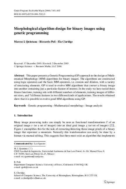 (PDF) Morphological algorithm design for binary images using genetic programming