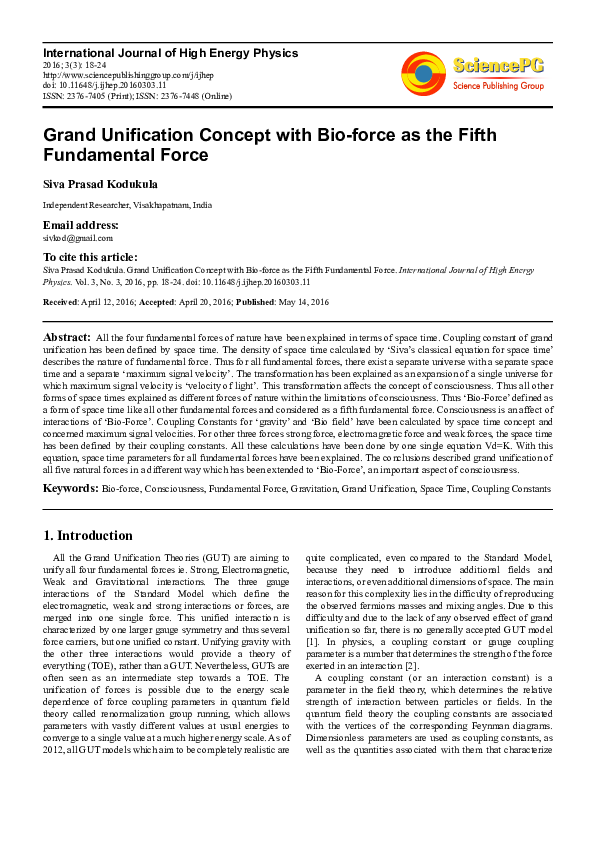 (PDF) Grand Unification Concept with Bio-force as the Fifth Fundamental ...