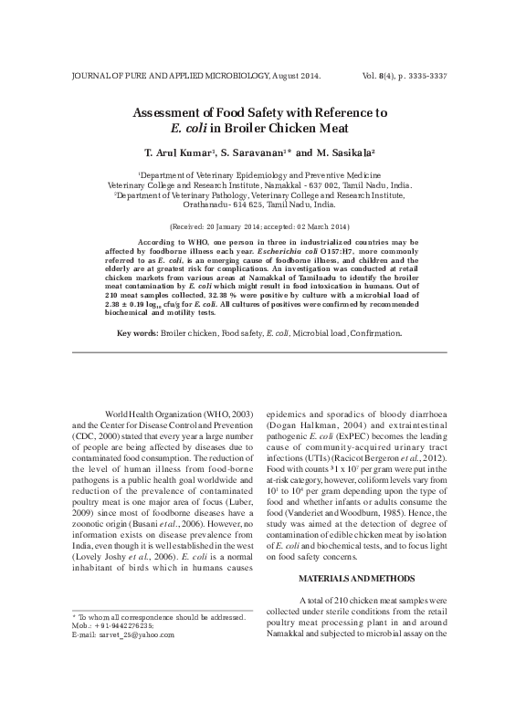 (PDF) Assessment of Food Safety with Reference to E. coli in Broiler ...