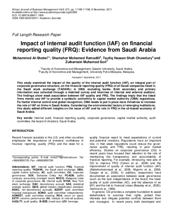 (PDF) Impact of internal audit function (IAF) on financial reporting ...
