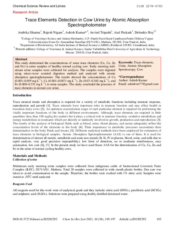 (PDF) Trace Elements Detection in Cow Urine by Atomic Absorption Spectrophotometer