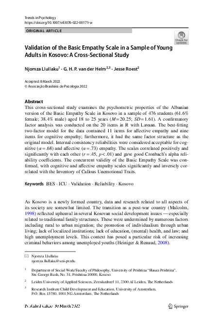 (PDF) Validation of the Basic Empathy Scale in a Sample of Young Adults in Kosovo: A Cross ...