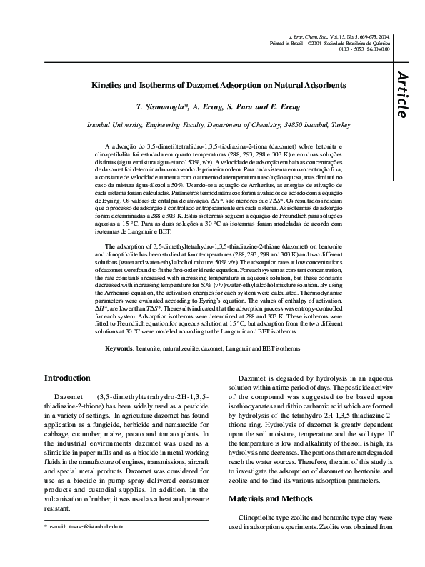 (PDF) Kinetics and isotherms of dazomet adsorption on natural adsorbents