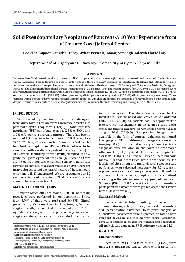(PDF) Solid Pseudopapillary Neoplasm of Pancreas-A 10 Year Experience ...