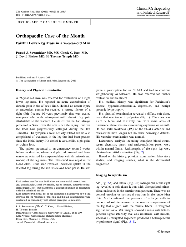 (PDF) Orthopaedic Case of the Month: Painful Lower-leg Mass in a 76 ...