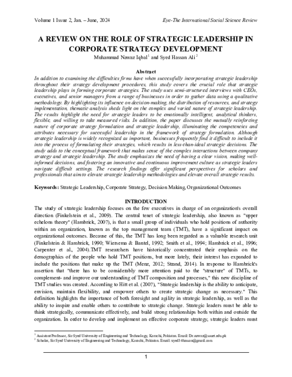 (PDF) A REVIEW ON THE ROLE OF STRATEGIC LEADERSHIP IN CORPORATE ...