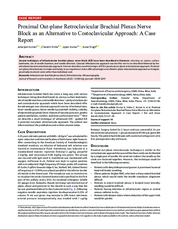 (PDF) Proximal Out-plane Retroclavicular Brachial Plexus Nerve Block as ...