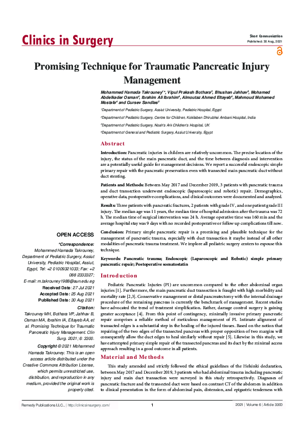 (PDF) Promising Technique for Traumatic Pancreatic Injury Management