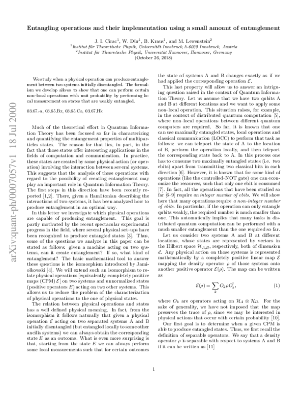 (PDF) Entangling Operations and Their Implementation Using a Small Amount of Entanglement