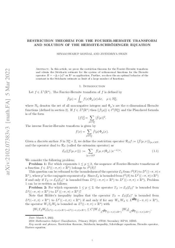 (PDF) Restriction theorem for the Fourier-Hermite transform and solution of the Hermite-Schr ...