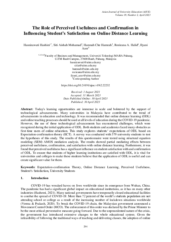 (PDF) The Role of Perceived Usefulness and Confirmation in Influencing Student’s Satisfaction on ...