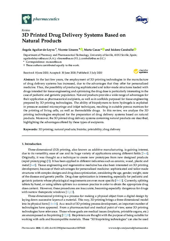 (PDF) 3D Printed Drug Delivery Systems Based on Natural Products