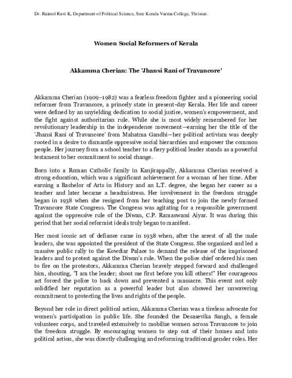(PDF) Women Social Reformers of Kerala - Akkamma Cherian