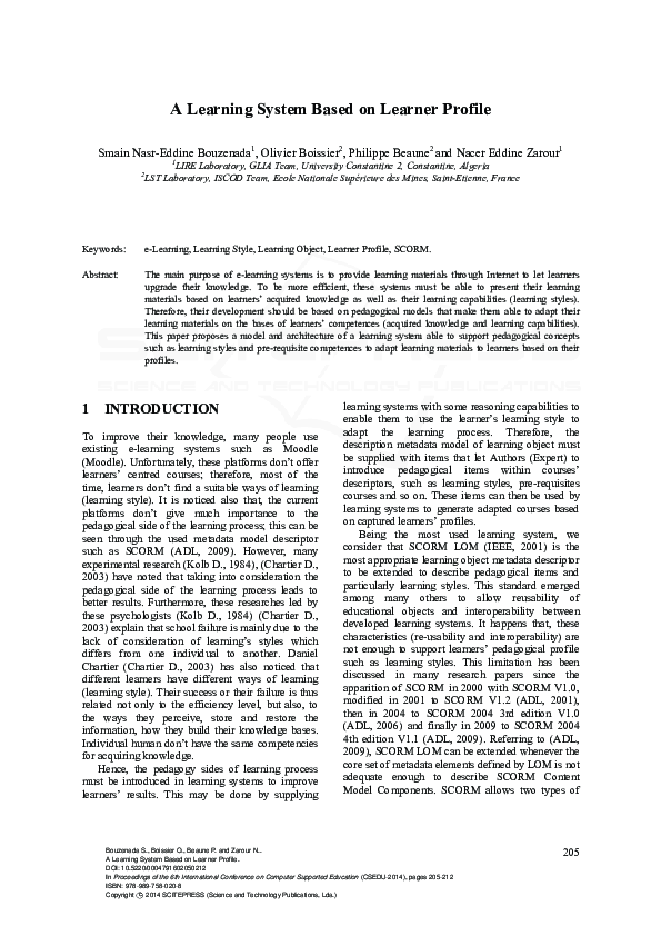 (PDF) A Learning System Based on Learner Profile